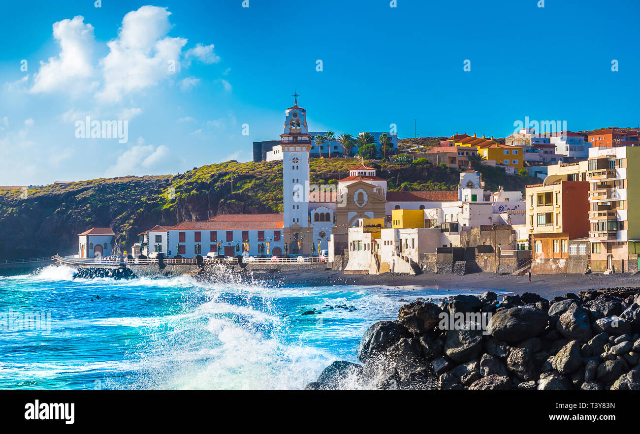 Basilica of Candelaria and pebble beach in Tenerife Canary Islands ...