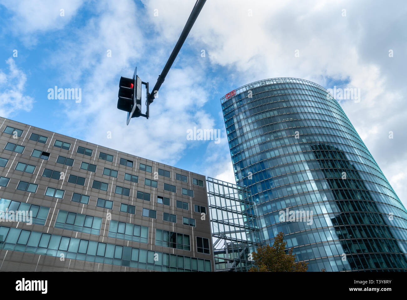 Berlin, Germany - 09/22/2018: Low angle view of streetlight and Deutche ...