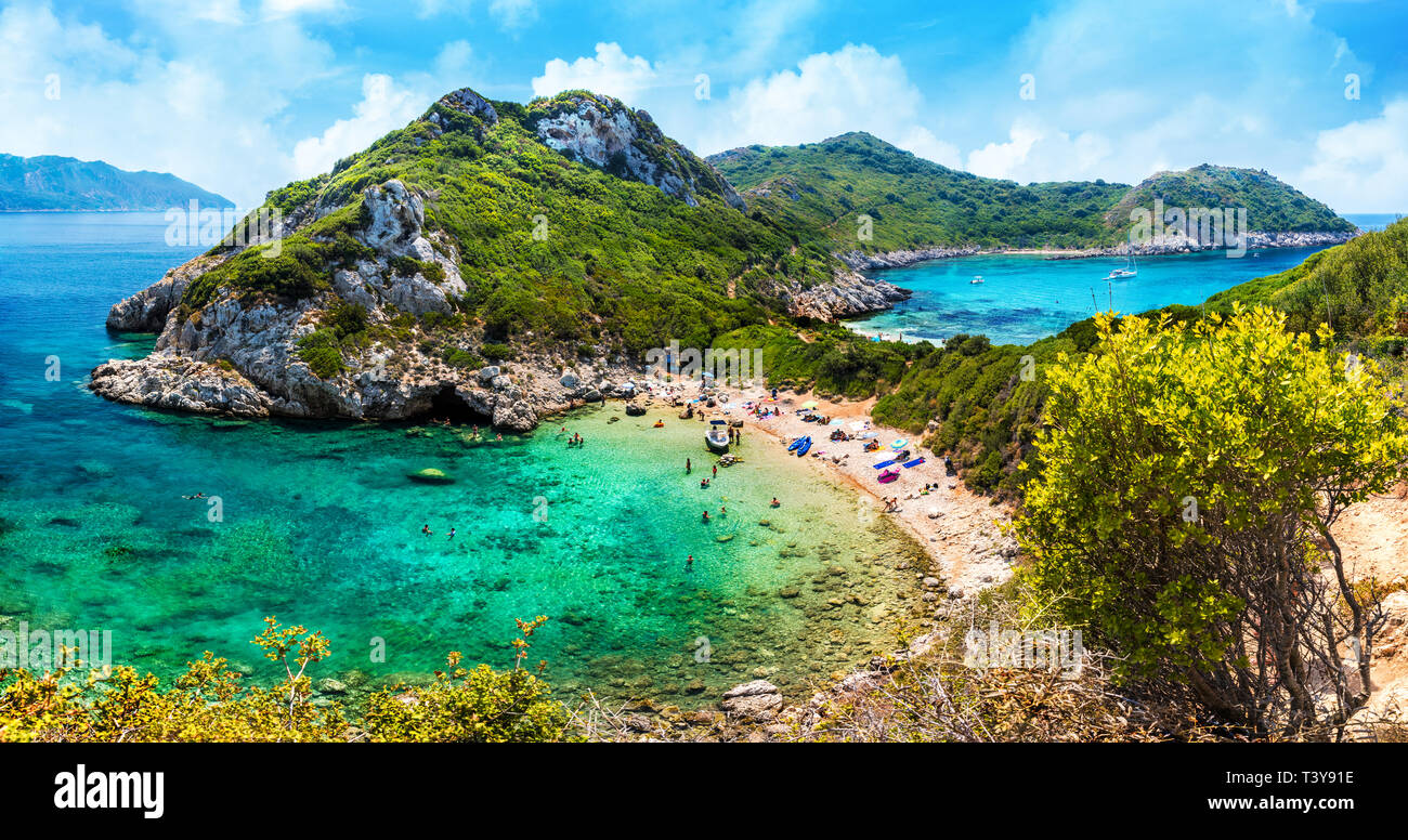 Wild blue lagoon of Porto Timoni beach, Corfu island, Greece Stock ...