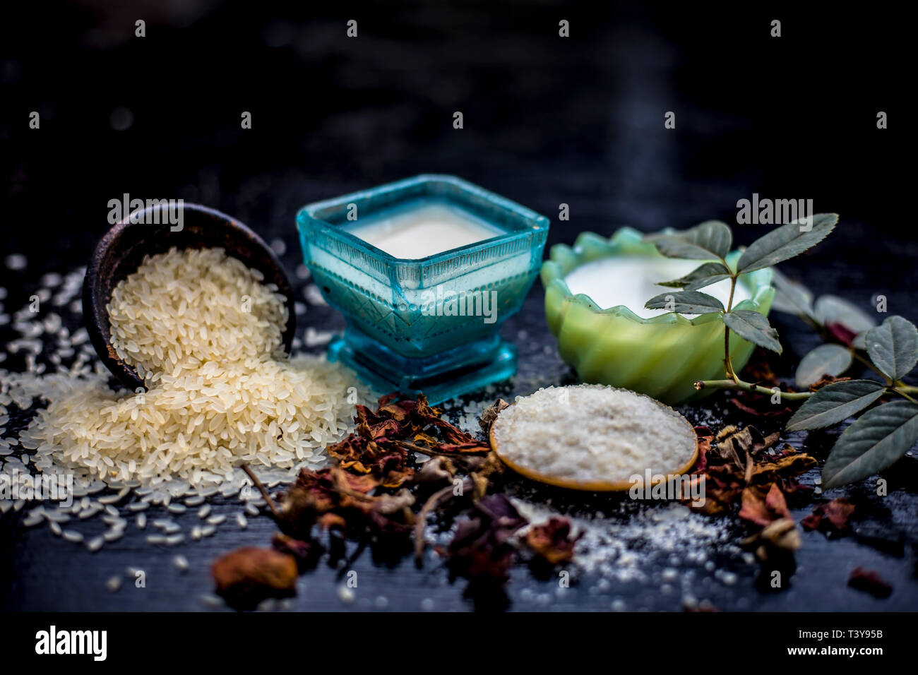 Close up of skin whitening therapy i.e. raw rice powder with milk mixed ...