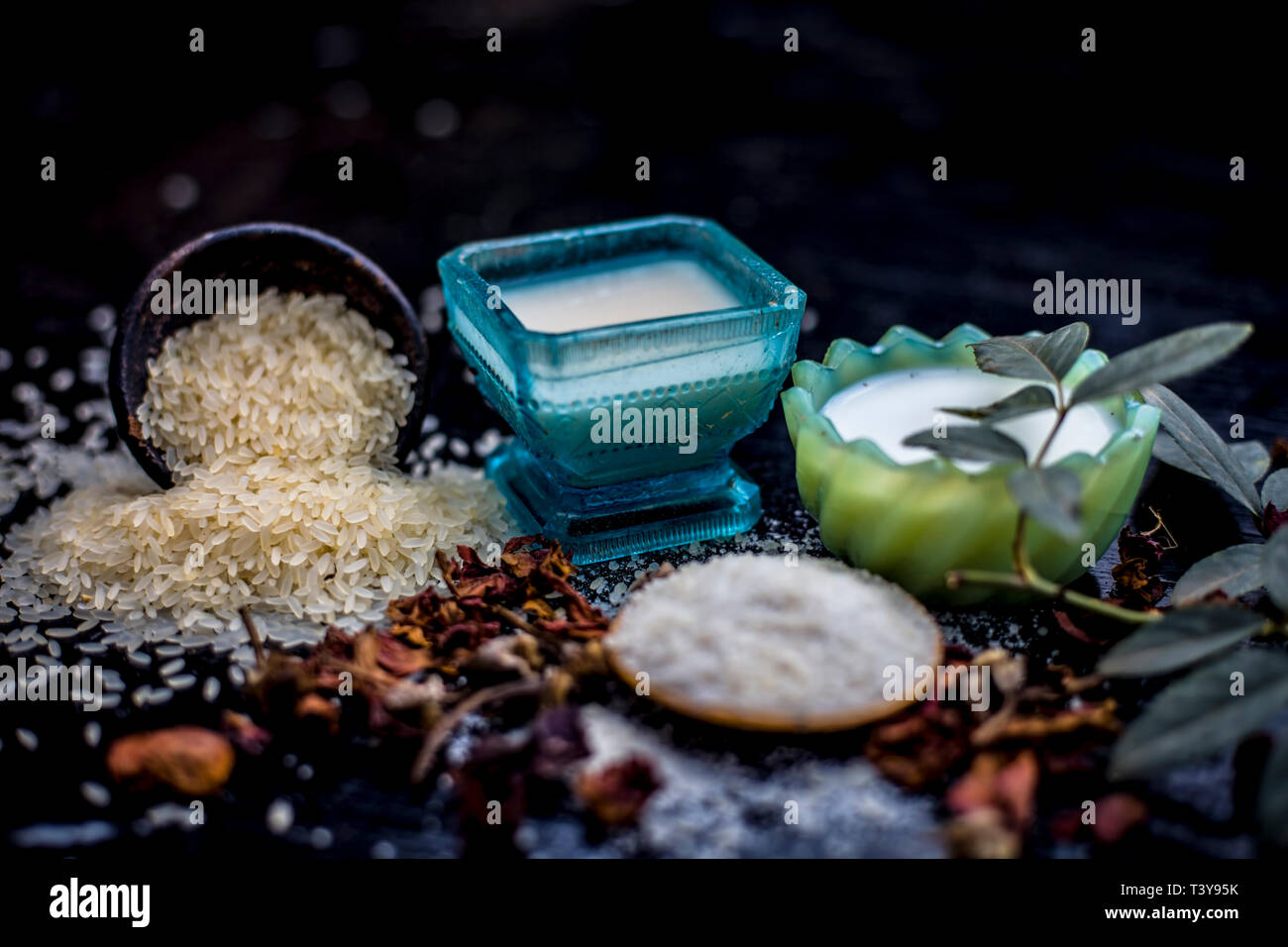 Close up of skin whitening therapy i.e. raw rice powder with milk mixed ...