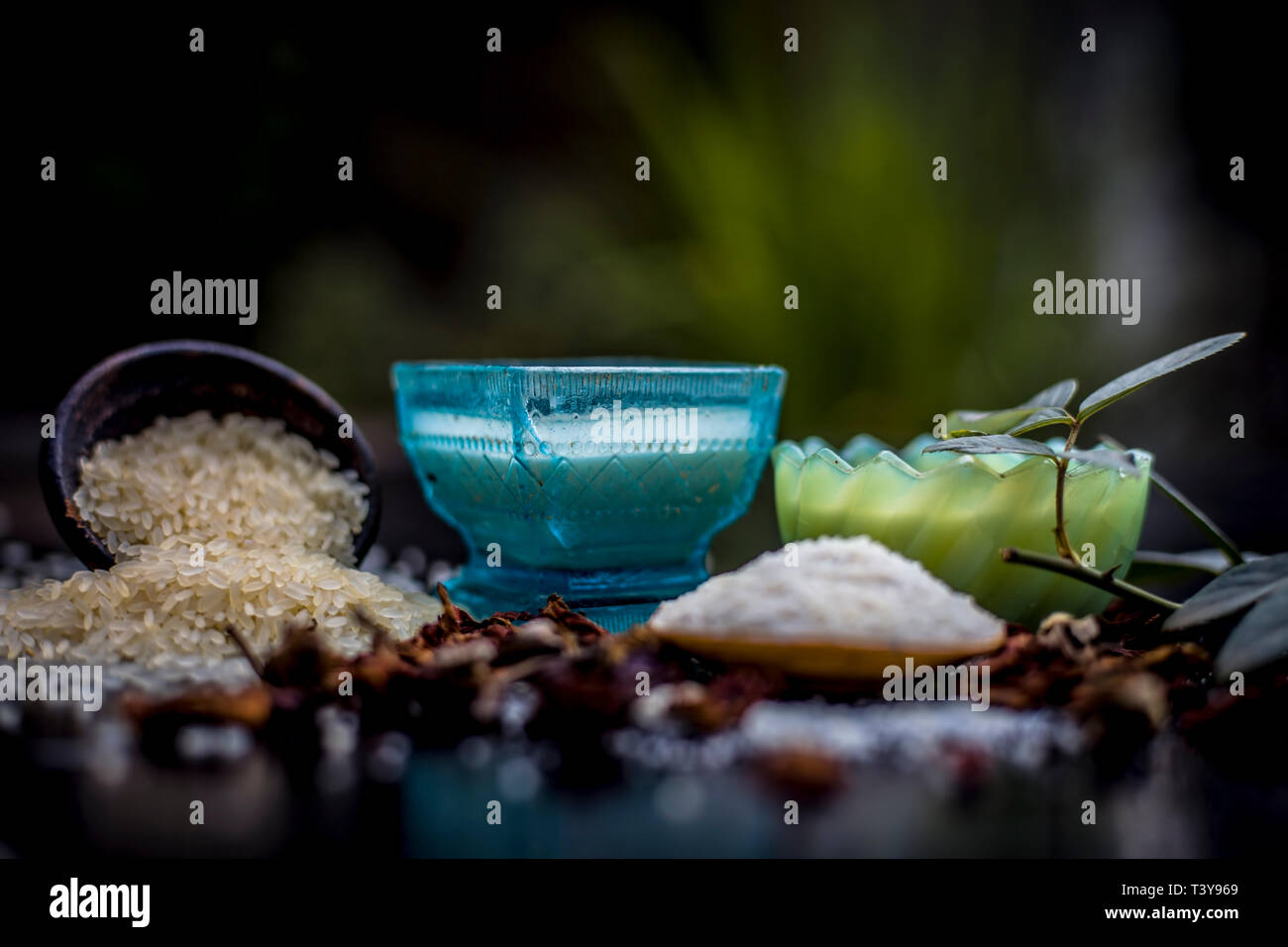 Close up of skin whitening therapy i.e. raw rice powder with milk mixed ...