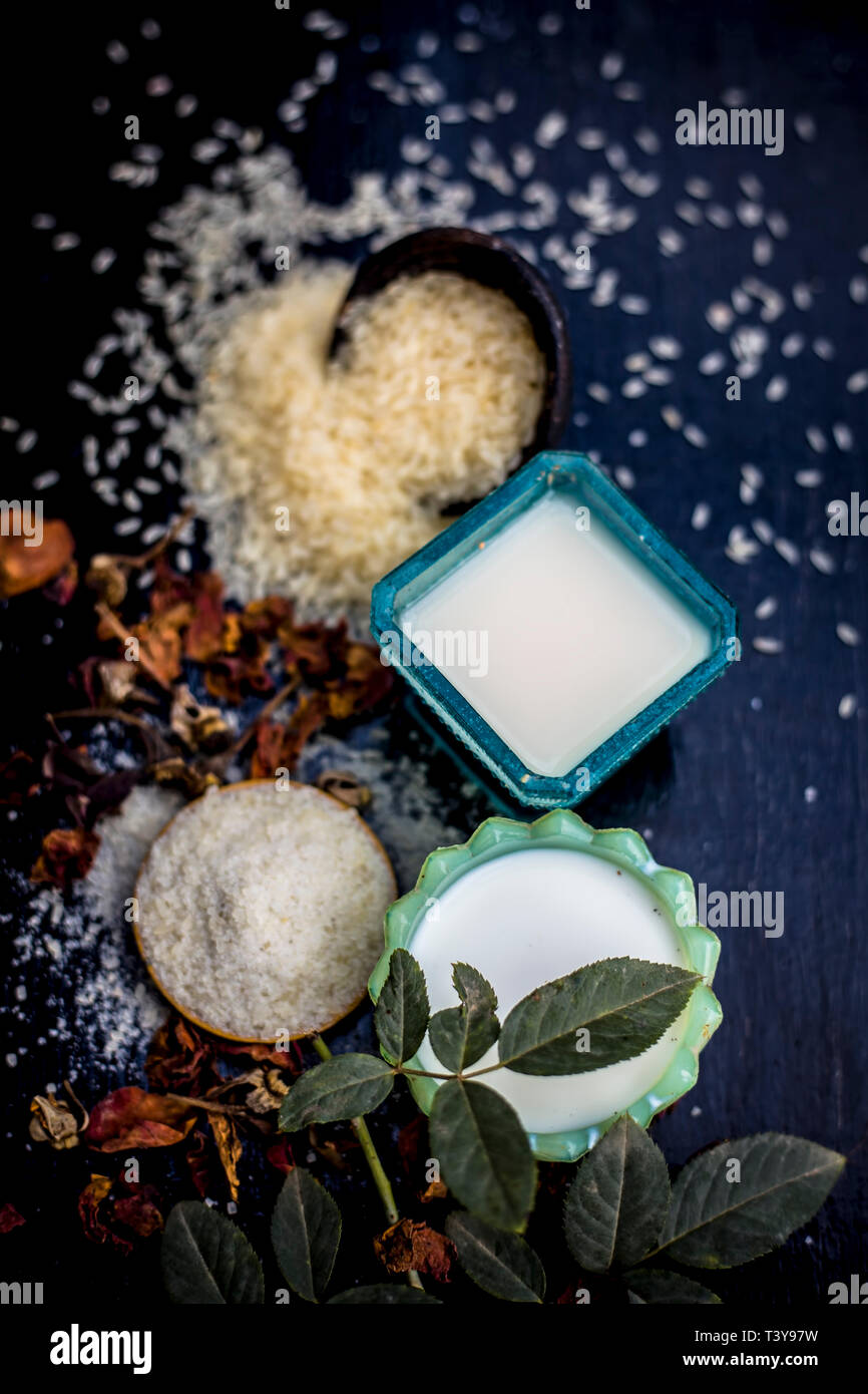 Close up of skin whitening therapy i.e. raw rice powder with milk mixed ...