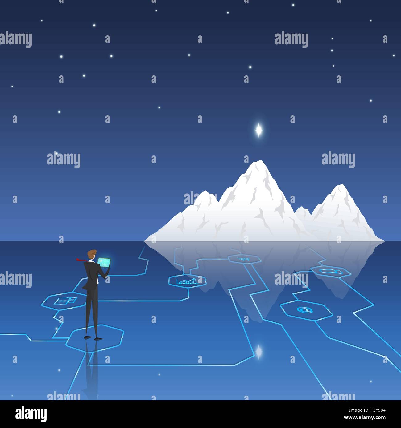 Businessman use high technology to plan for climbing to the peak of ...