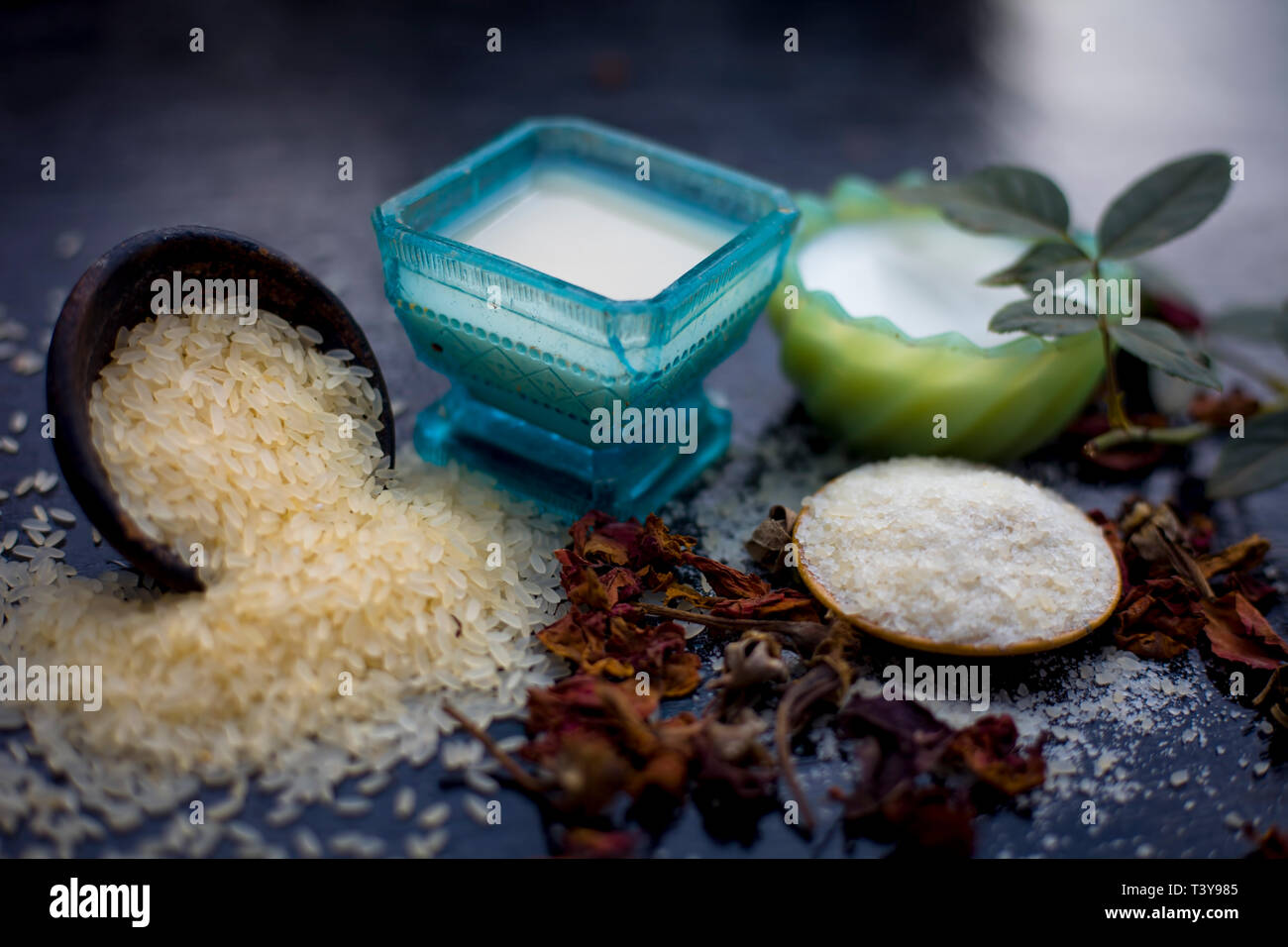 Close up of skin whitening therapy i.e. raw rice powder with milk mixed ...