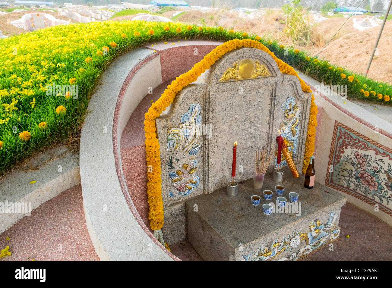 Stone carving grave and grass mound decoration thail chinese tradition ...