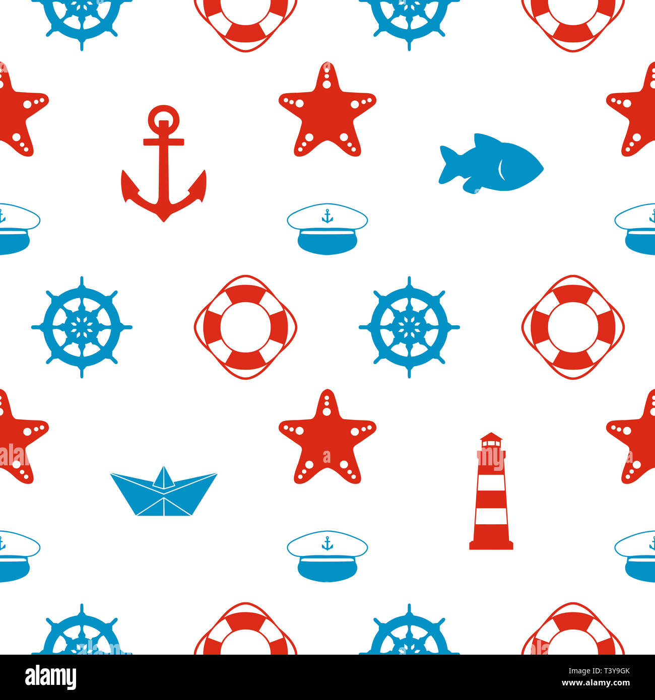 Maritime seamless pattern with red and blue nautical icons like paper ...