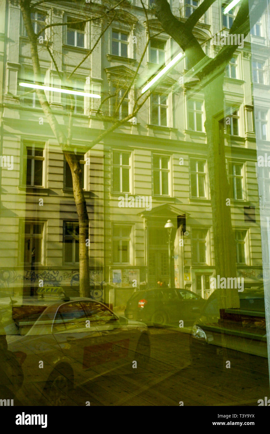 Reflections in a shop glass door, Kreuzberg, Berlin, Germany Stock ...