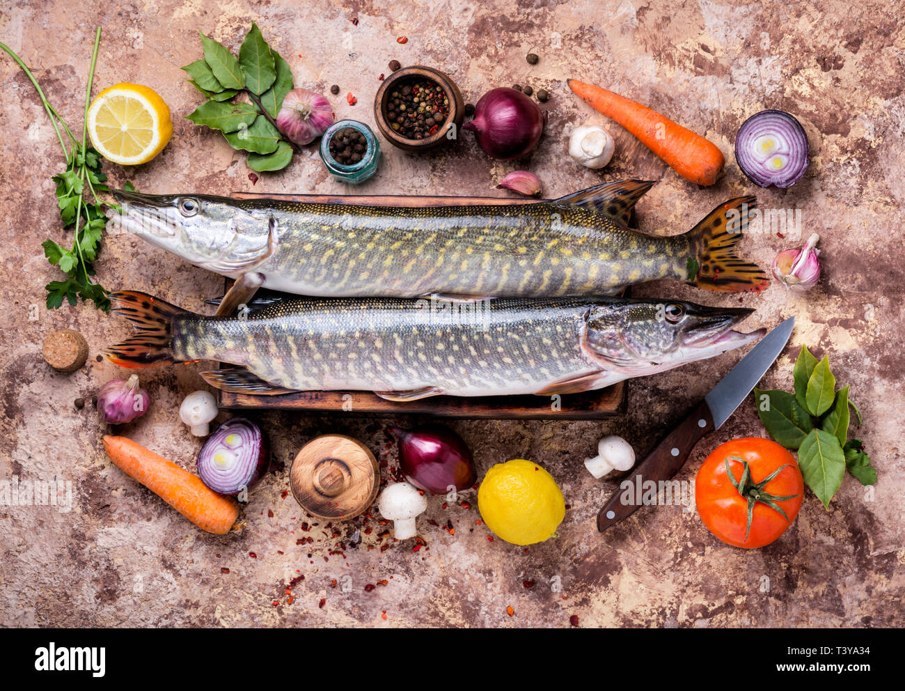 Fresh fish with ingredients for cooking.Raw fish with herbs, spices and ...