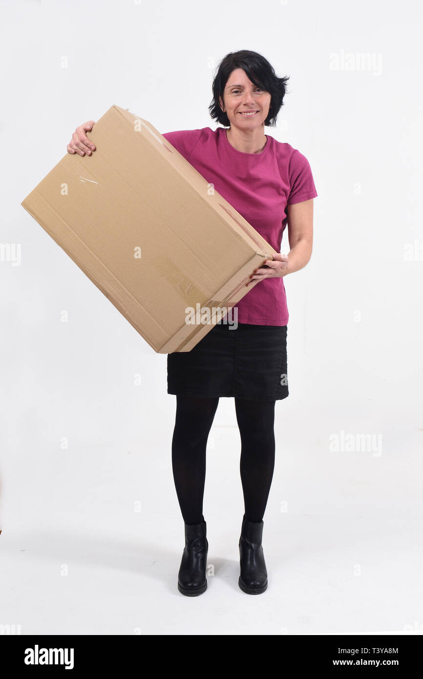 woman with package on white background Stock Photo - Alamy