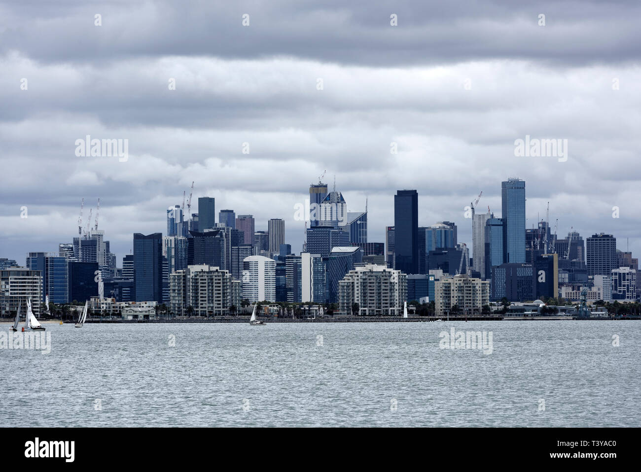 Melbourne city skyline view on a cloudy day from the port of ...