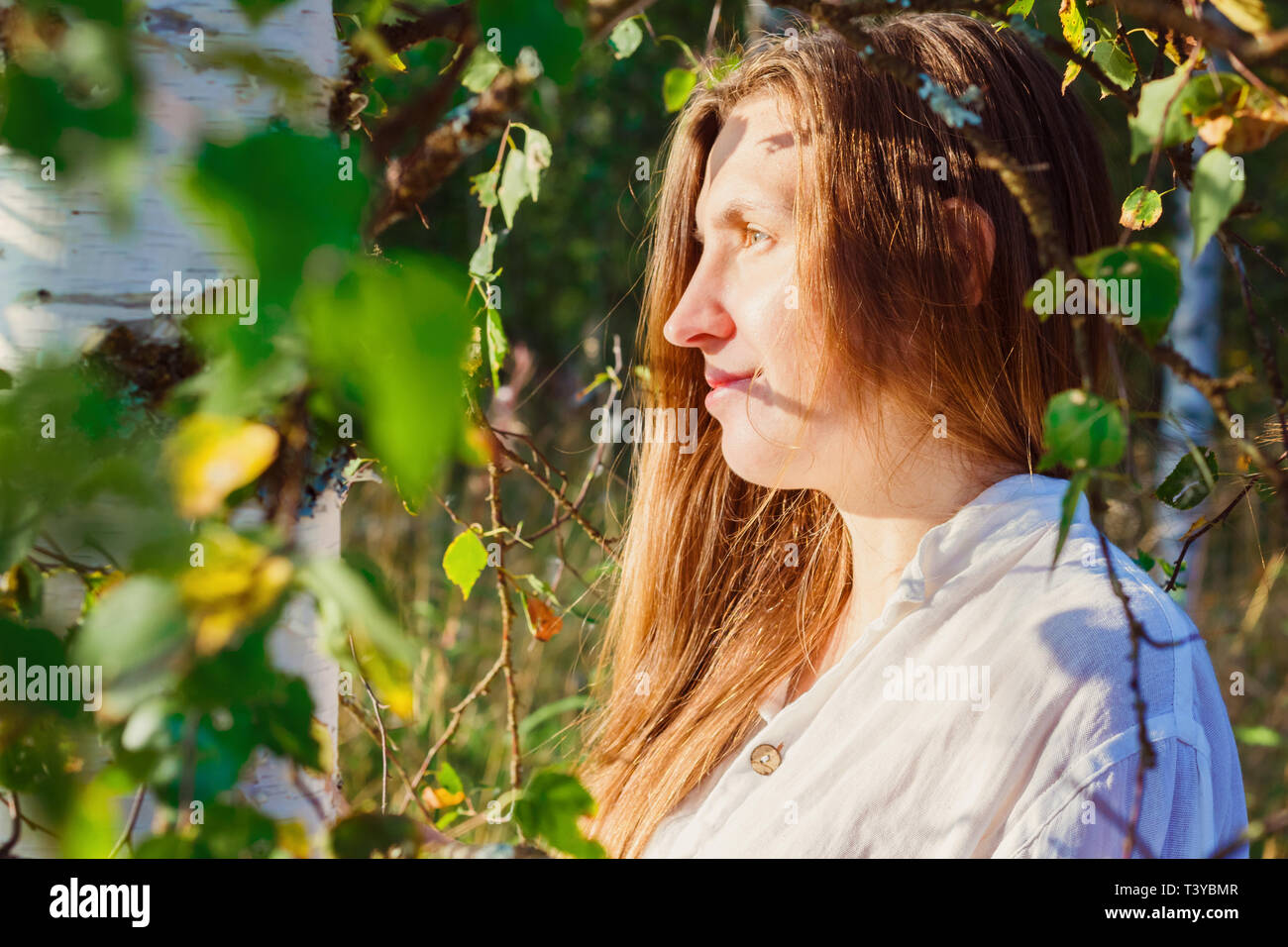 Portrait of a young girl among the birches in the forest Stock Photo ...