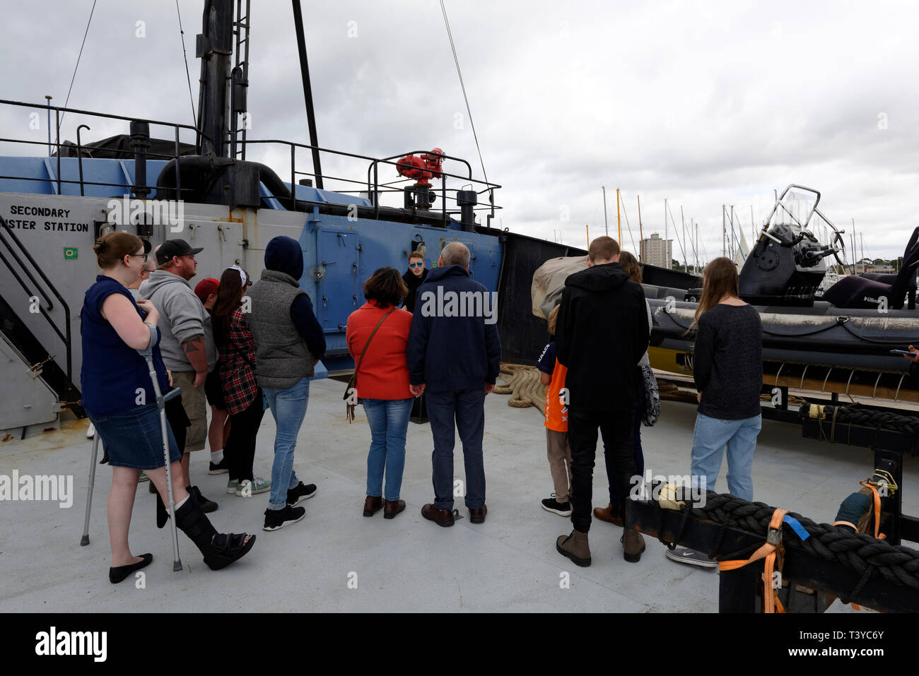 Visitors on the deck of the Sea Shepherd's flagship vessel, the M/Y ...