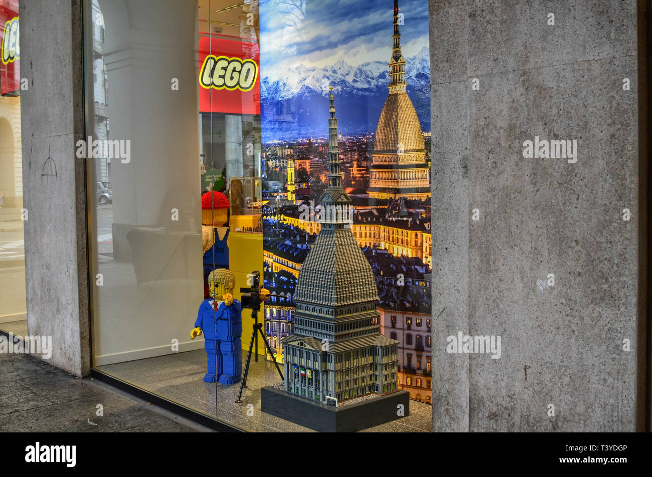 Turin, Piedmont, Italy. April 2019. The Lego shop in the historic ...