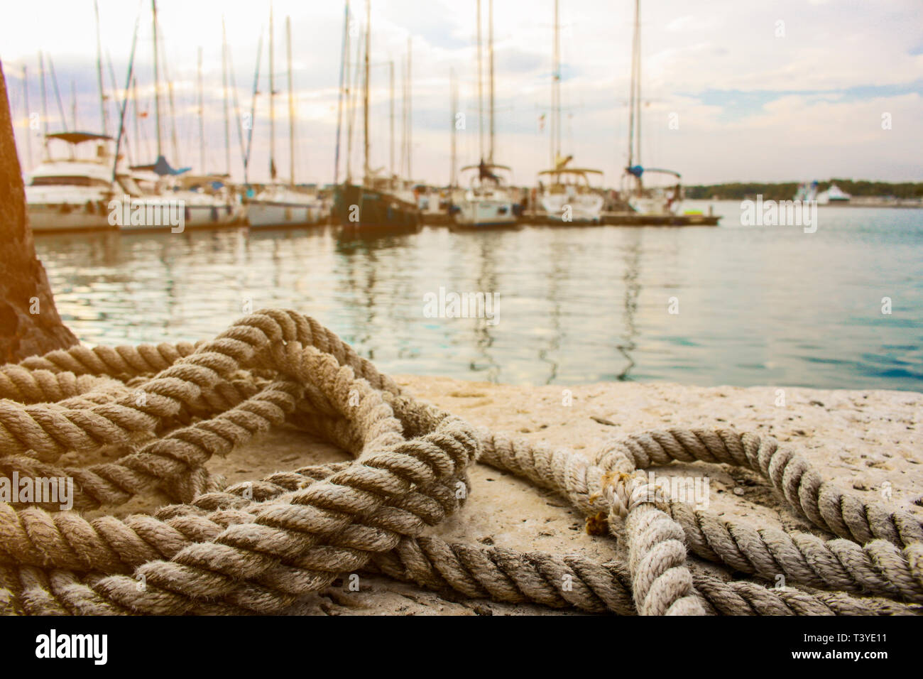 Ship or boat ropes on concrete pier or marina with high texture Stock ...