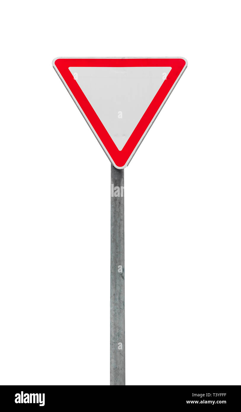 Give way, triangle road sign on metal pole isolated on white background ...