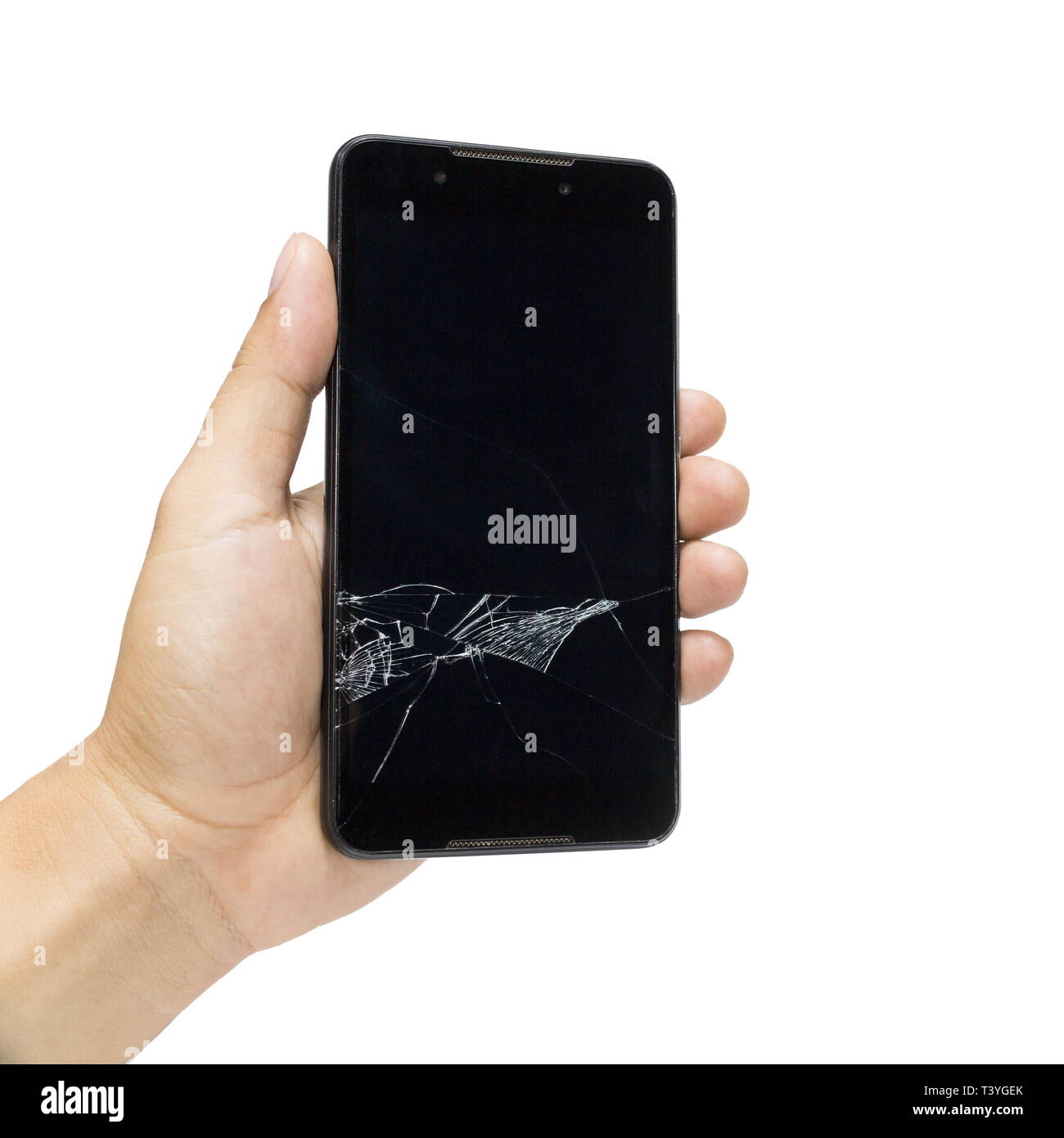 Man holding a Broken Smartphone and touch screen damage broken isolated ...