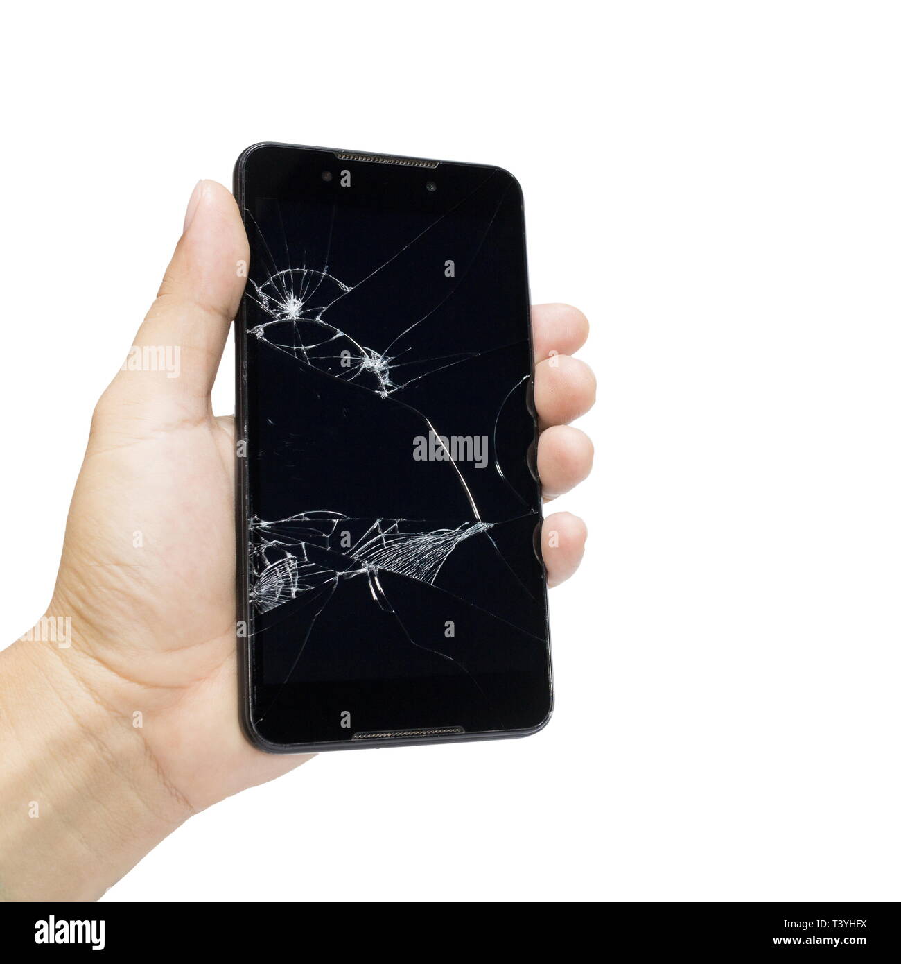 Man holding a Broken Smartphone and touch screen damage broken isolated ...