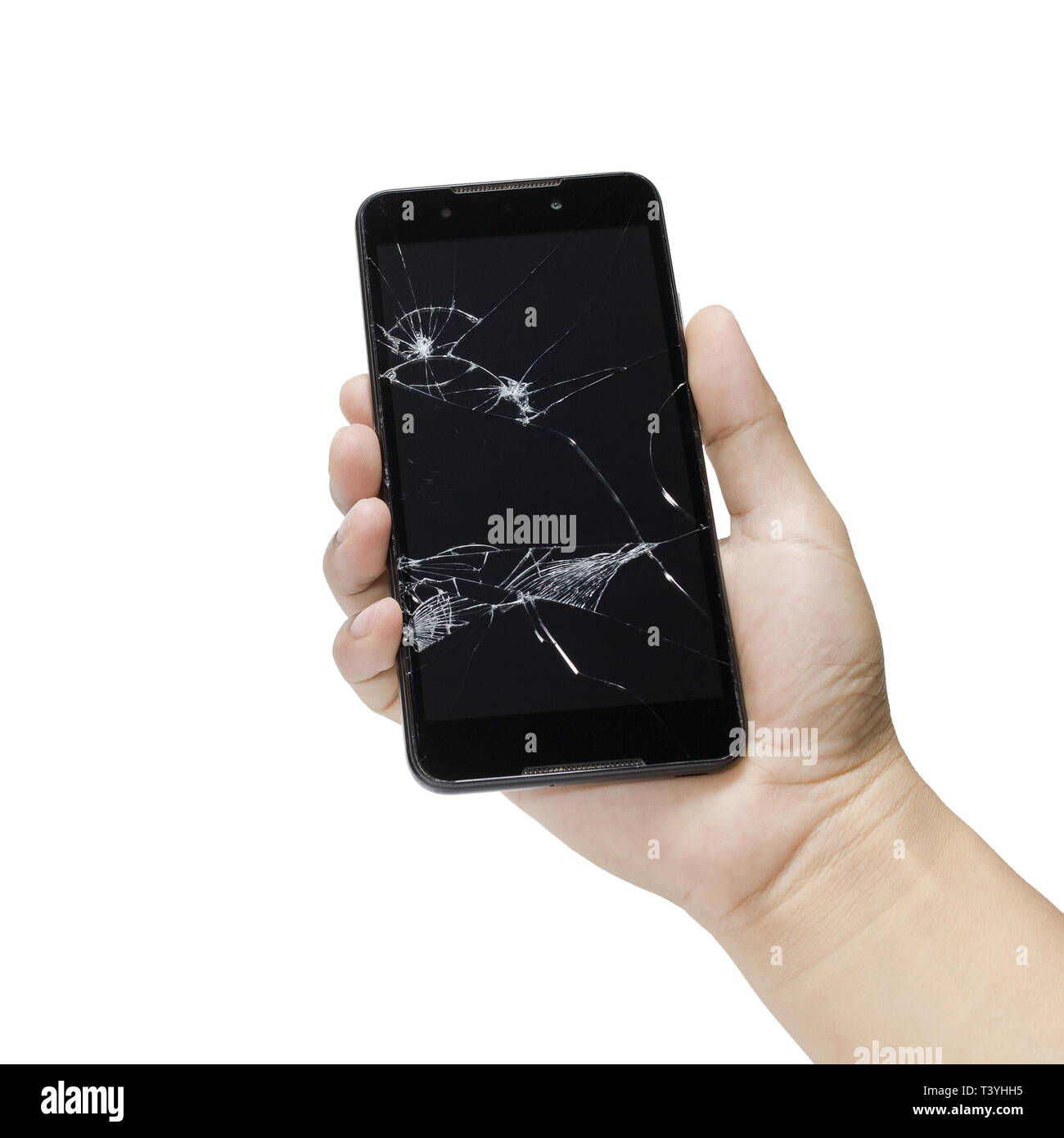 Man holding a Broken Smartphone and touch screen damage broken isolated ...