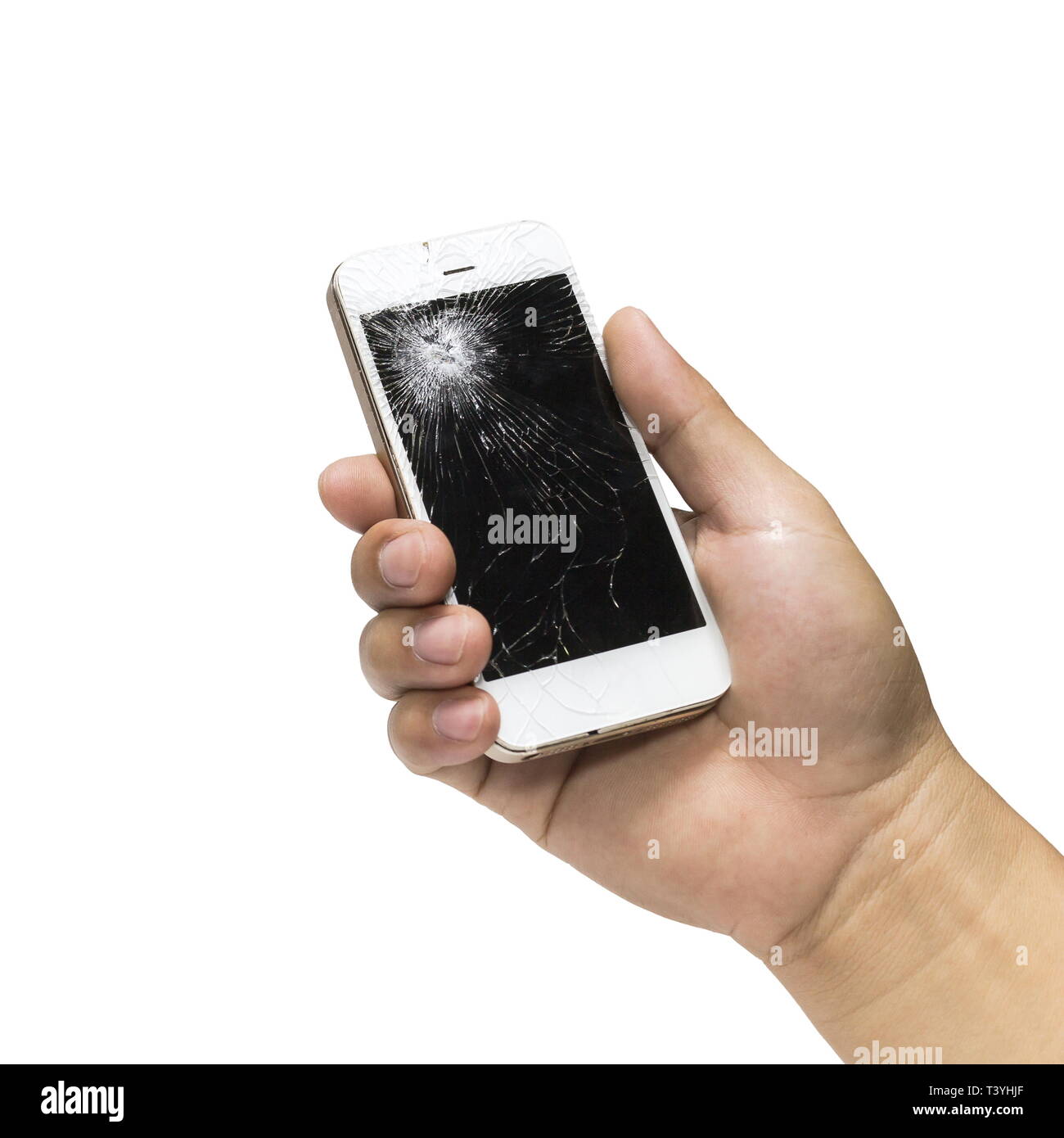 Man holding a Broken Smartphone and touch screen damage broken isolated ...