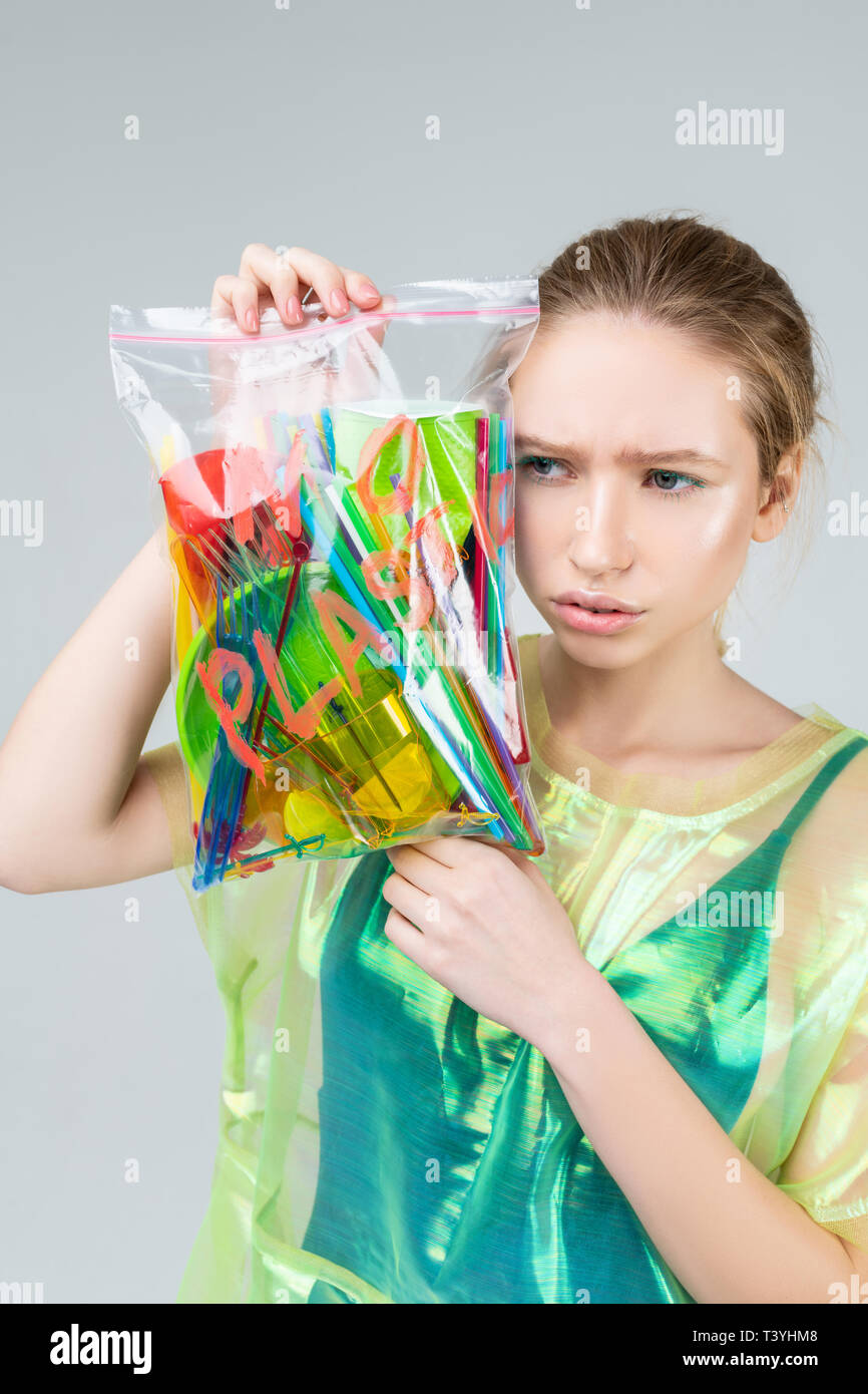 Against plastic. Young promising model working while posing for ecology ...