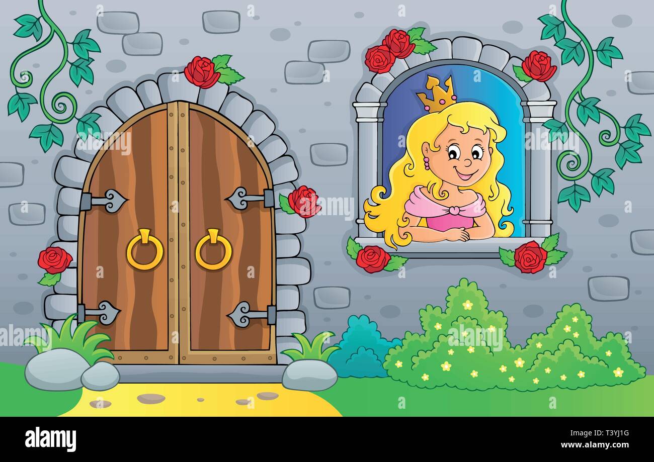 Princess in window and old door - eps10 vector illustration Stock ...