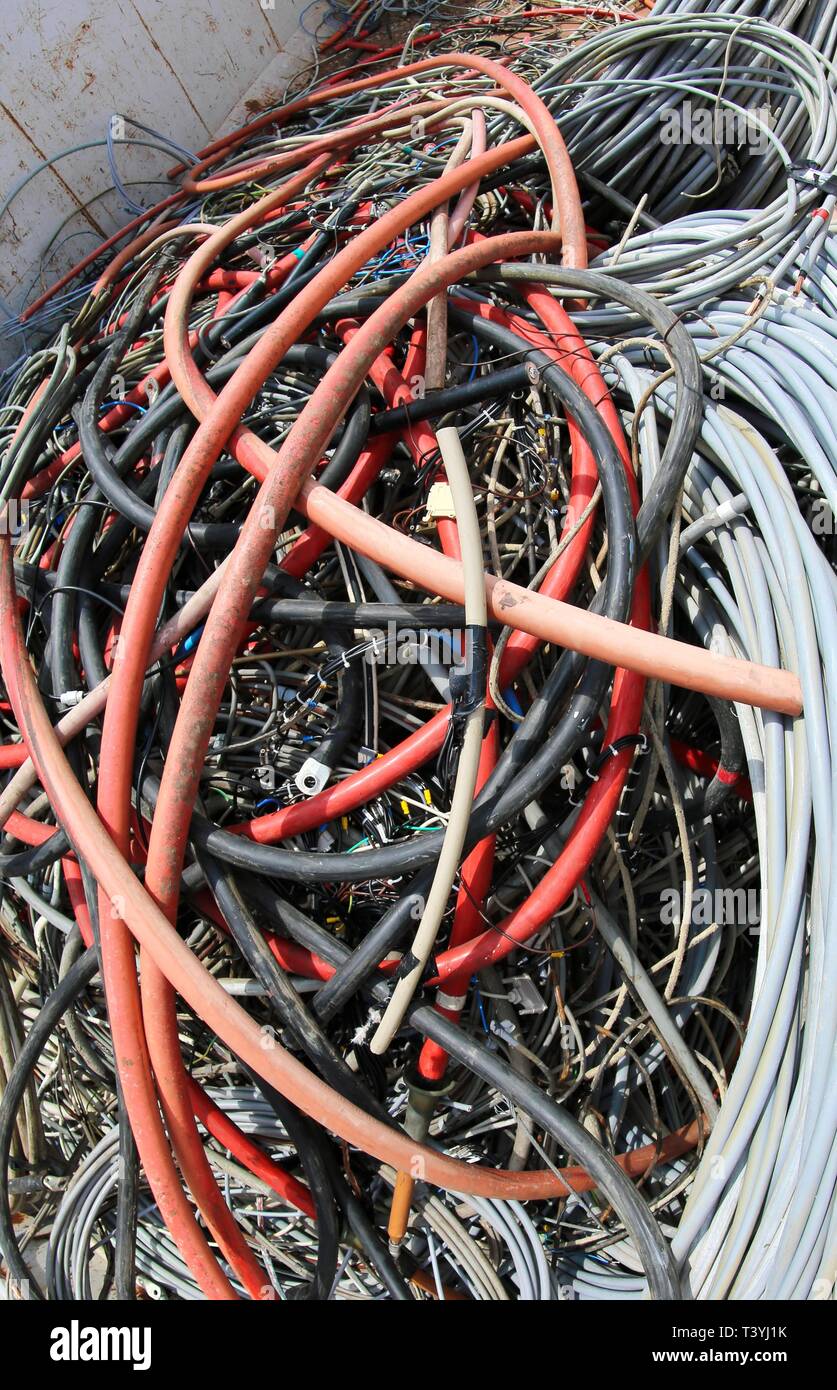 old electrical cable in cooper in the container in the recycling center ...