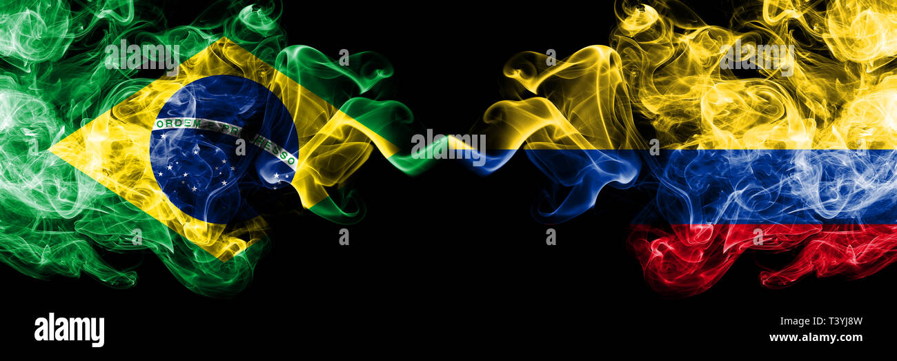 Brazil vs Colombia, Colombian smoke flags placed side by side. Thick ...