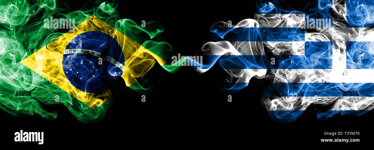 Brazil vs Greece, Greek smoke flags placed side by side. Thick colored ...