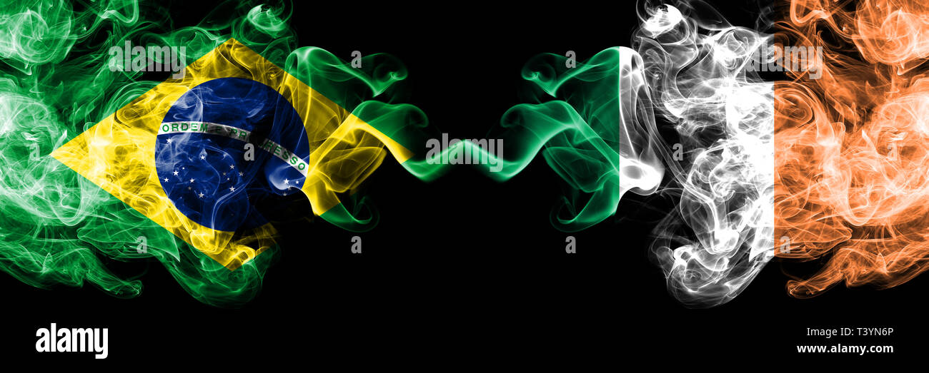 Brazil vs Ireland, Irish smoke flags placed side by side. Thick colored ...