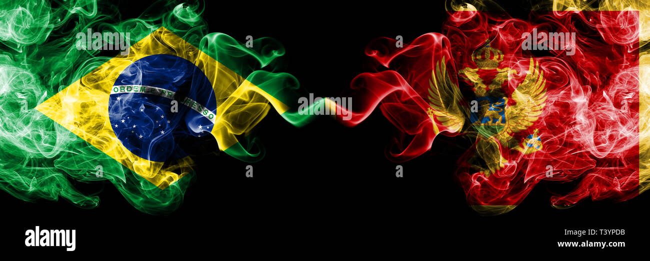 Brazil vs Montenegro, Montenegrin smoke flags placed side by side ...