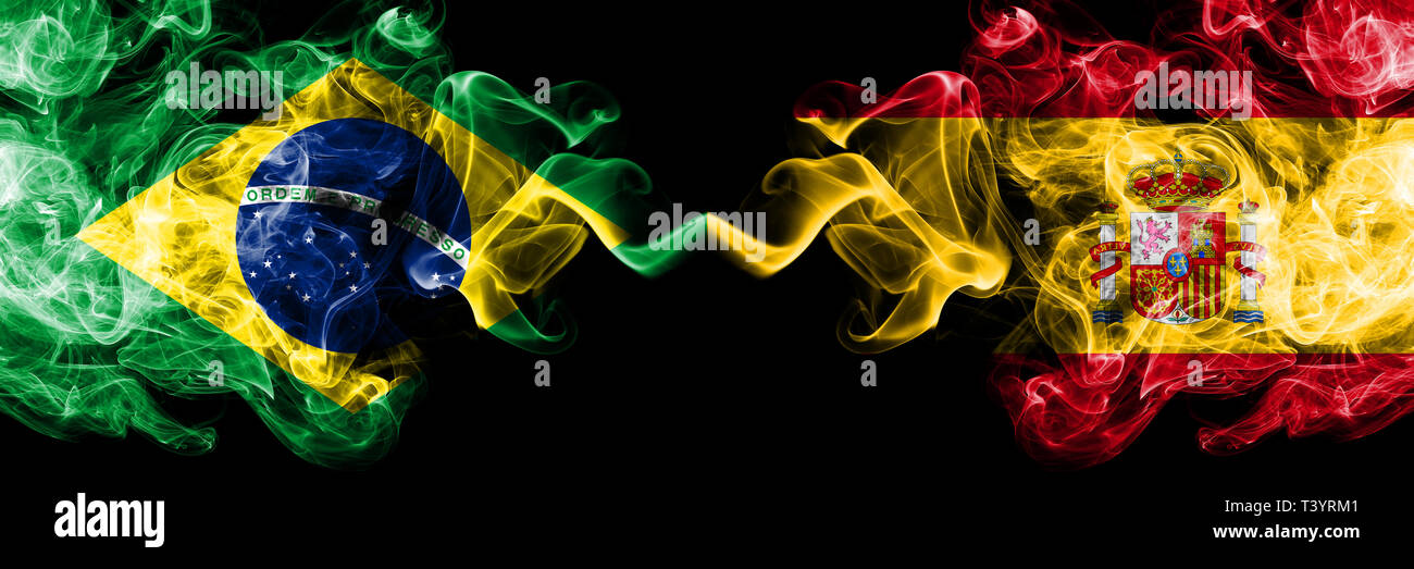 Brazil vs Spain, Spanish smoke flags placed side by side. Thick colored ...
