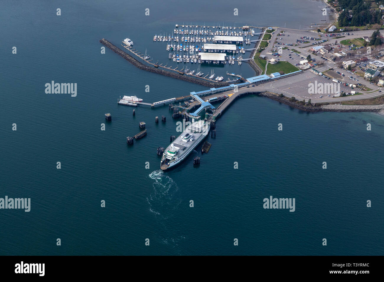 Aerial view of ferry terminal in Seattle harbor, Seattle, Washington ...