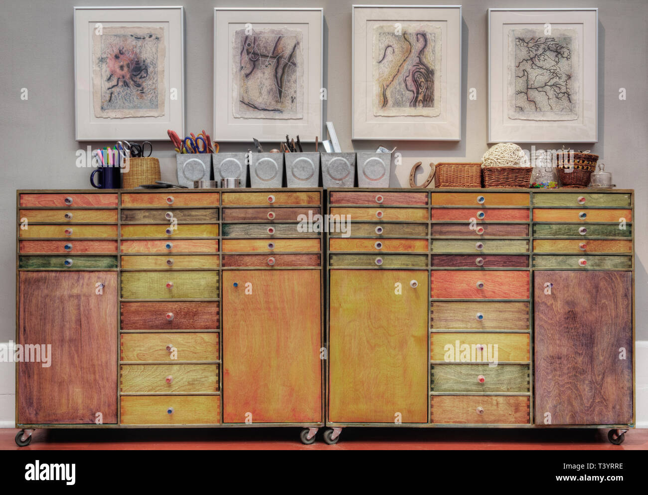 Colorful wooden drawers in cabinet Stock Photo - Alamy