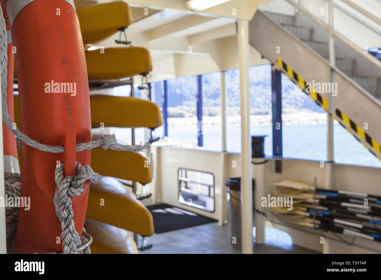 Lifeboats and life ring on ferry Stock Photo - Alamy