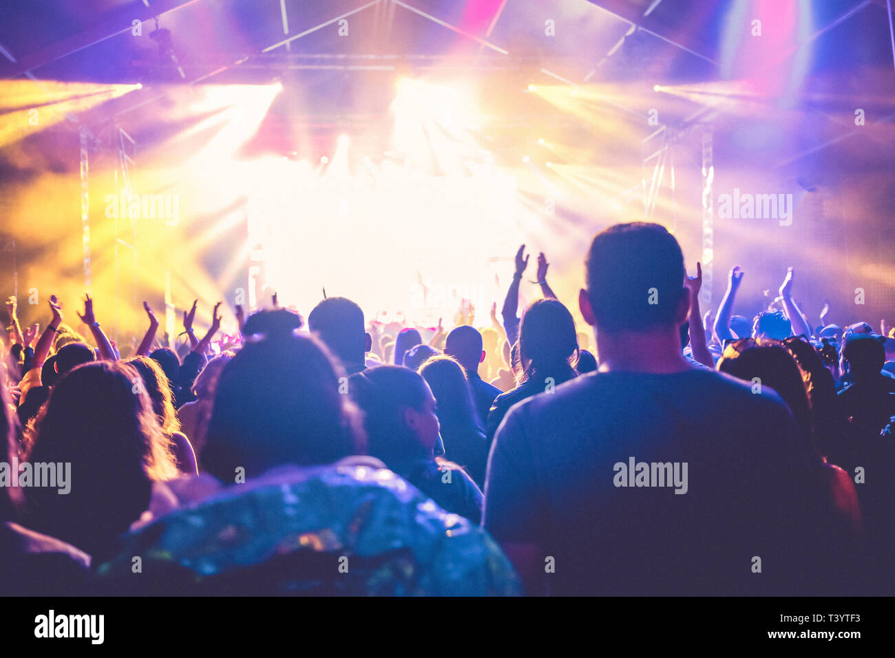 cheering crowd with raised hands at concert - music festival Stock ...
