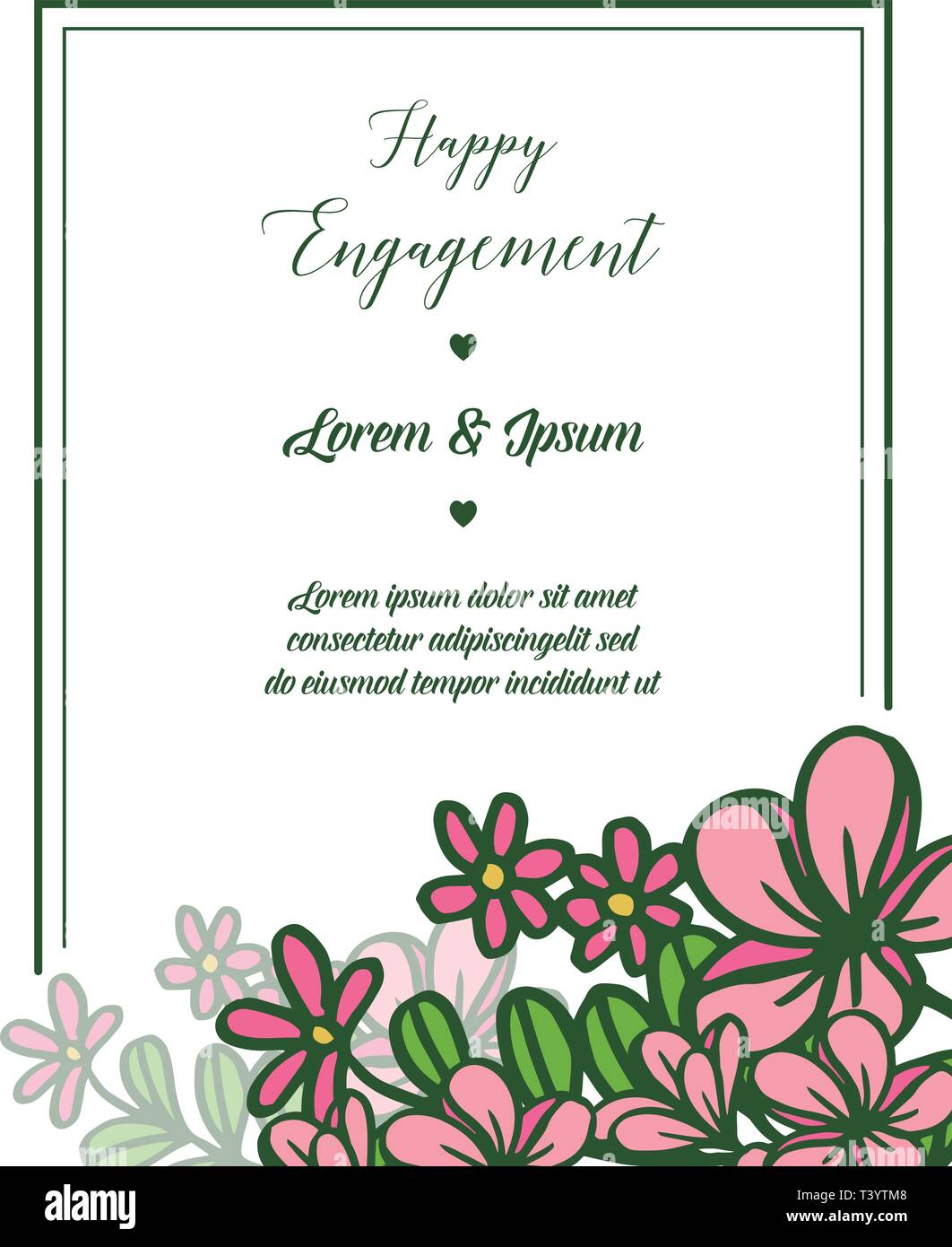 Vector illustration letter of happy engagement with wreath frame hand ...