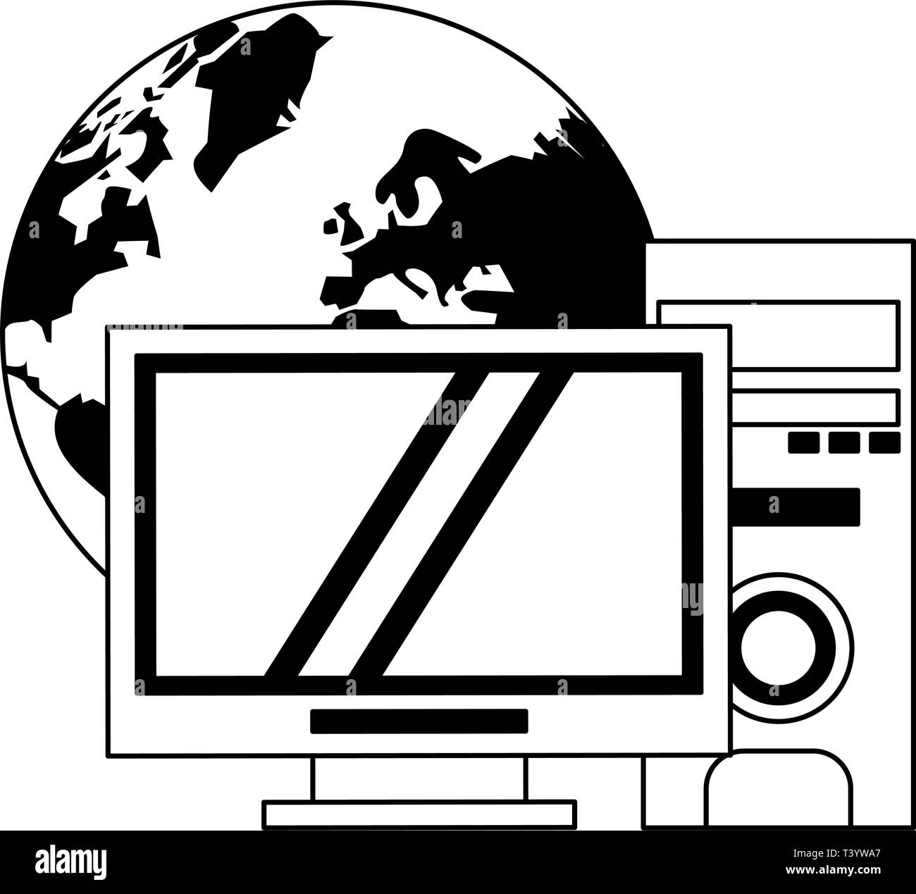 Computer and cpu internet connection in black and white Stock Vector ...