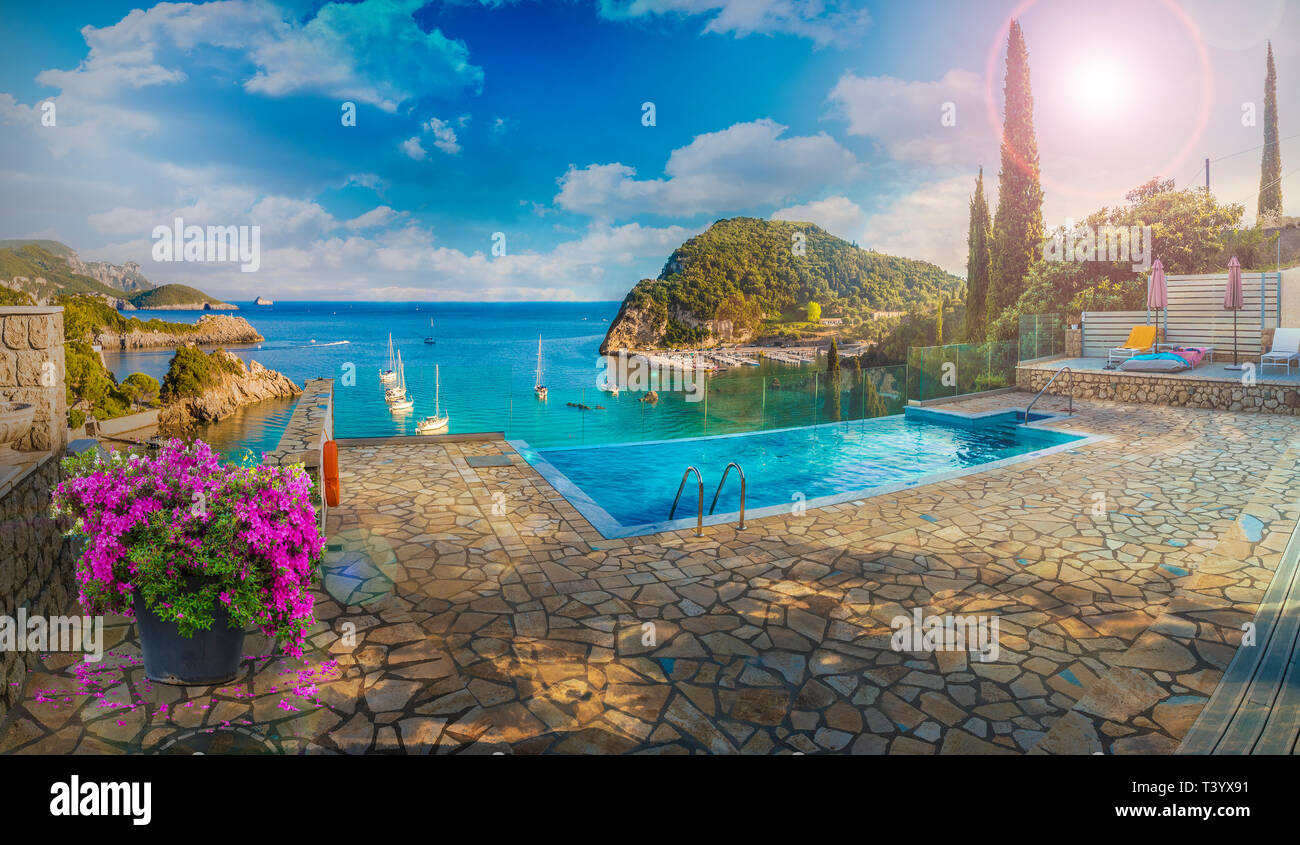 Amazing landscape azure bay in Paleokastritsa, Corfu island, Greece ...