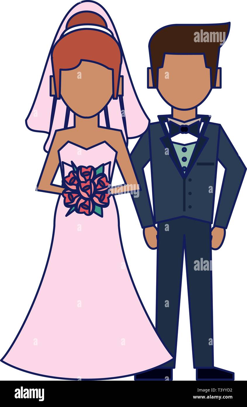 Wedding groom and bride cartoon isolated blue lines Stock Vector Image ...