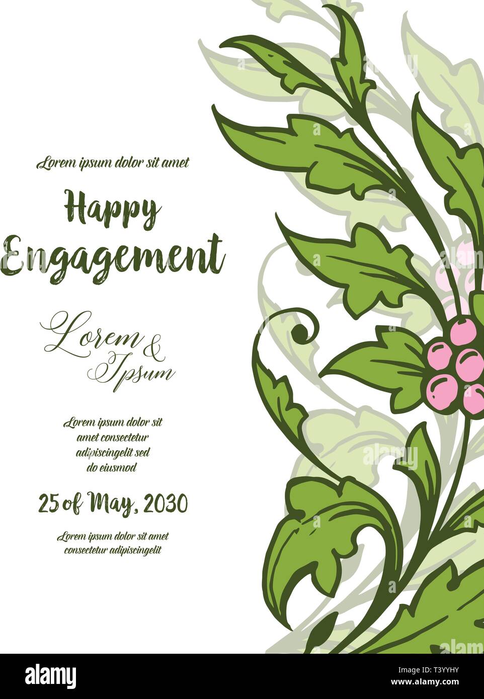 Vector illustration lettering of happy engagement with ornate of floral ...