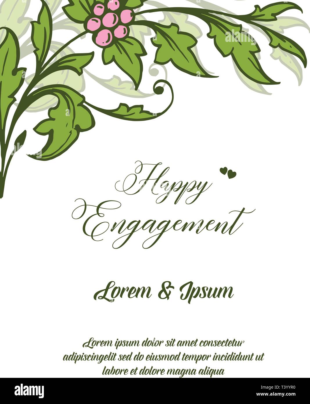 Vector illustration lettering of happy engagement with ornate of floral ...