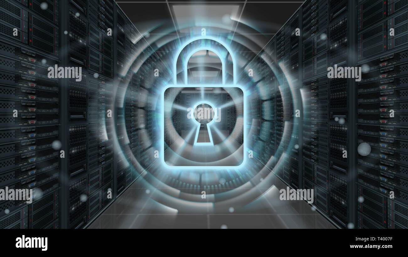 Digital security hologram with padlock on server room - Cyber security ...