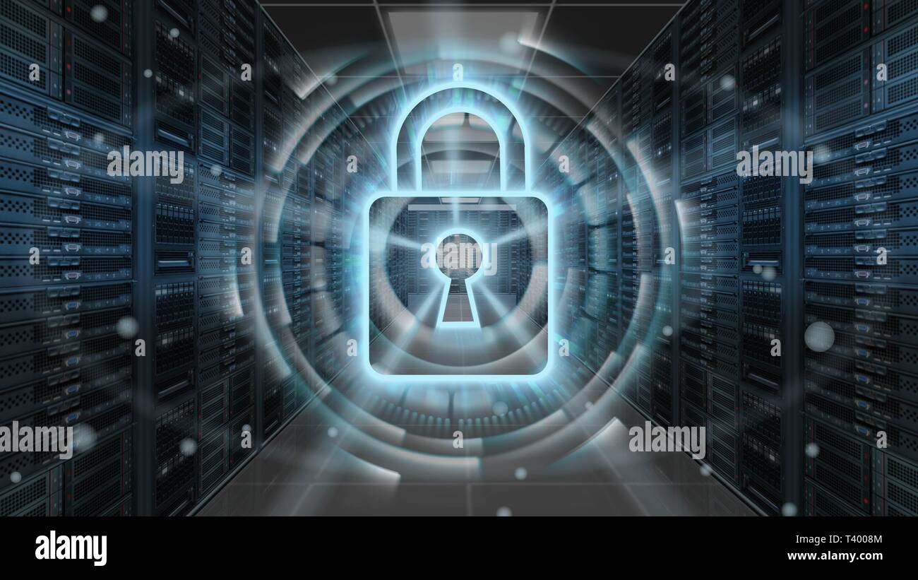 Digital security hologram with padlock on server room - Cyber security ...