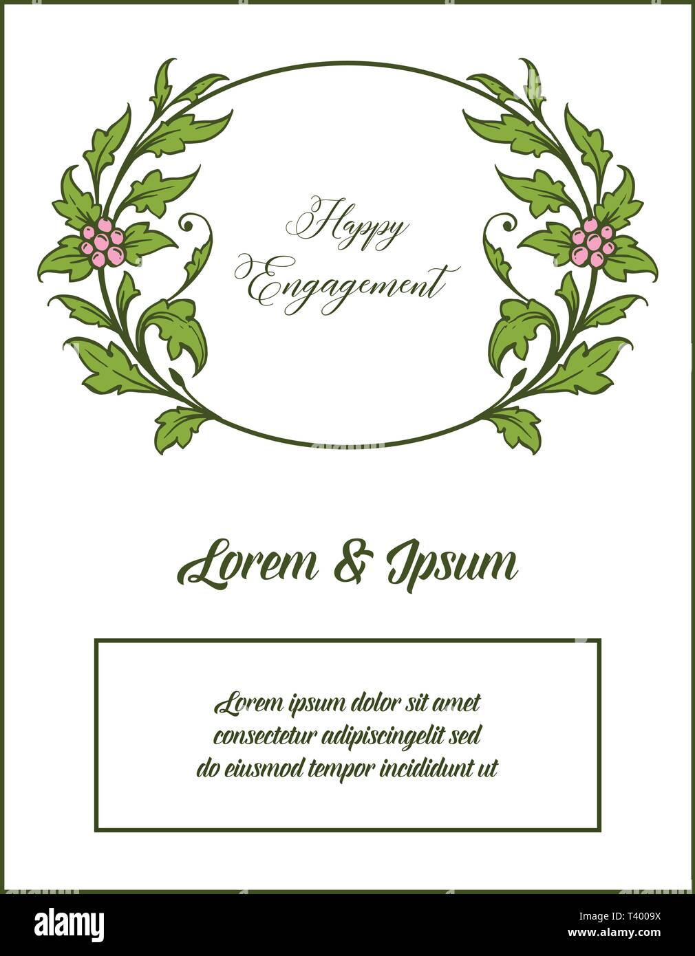 Vector illustration lettering of happy engagement with ornate of floral ...