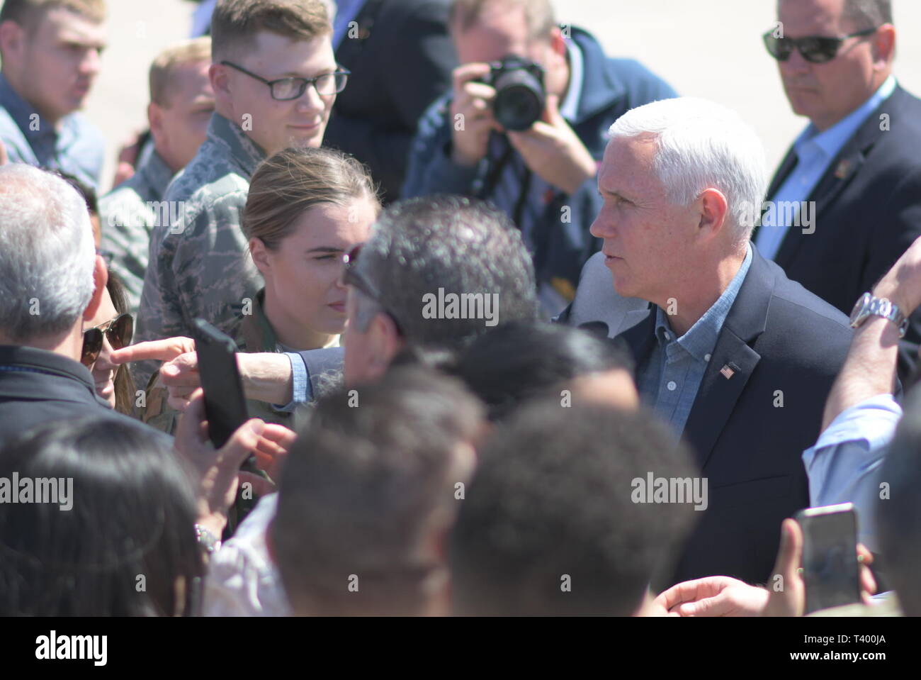 U.S. Vice President Mike Pence greets the Desert Lightning Team during ...