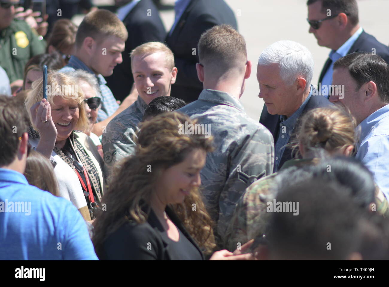 U.S. Vice President Mike Pence greets the Desert Lightning Team during ...