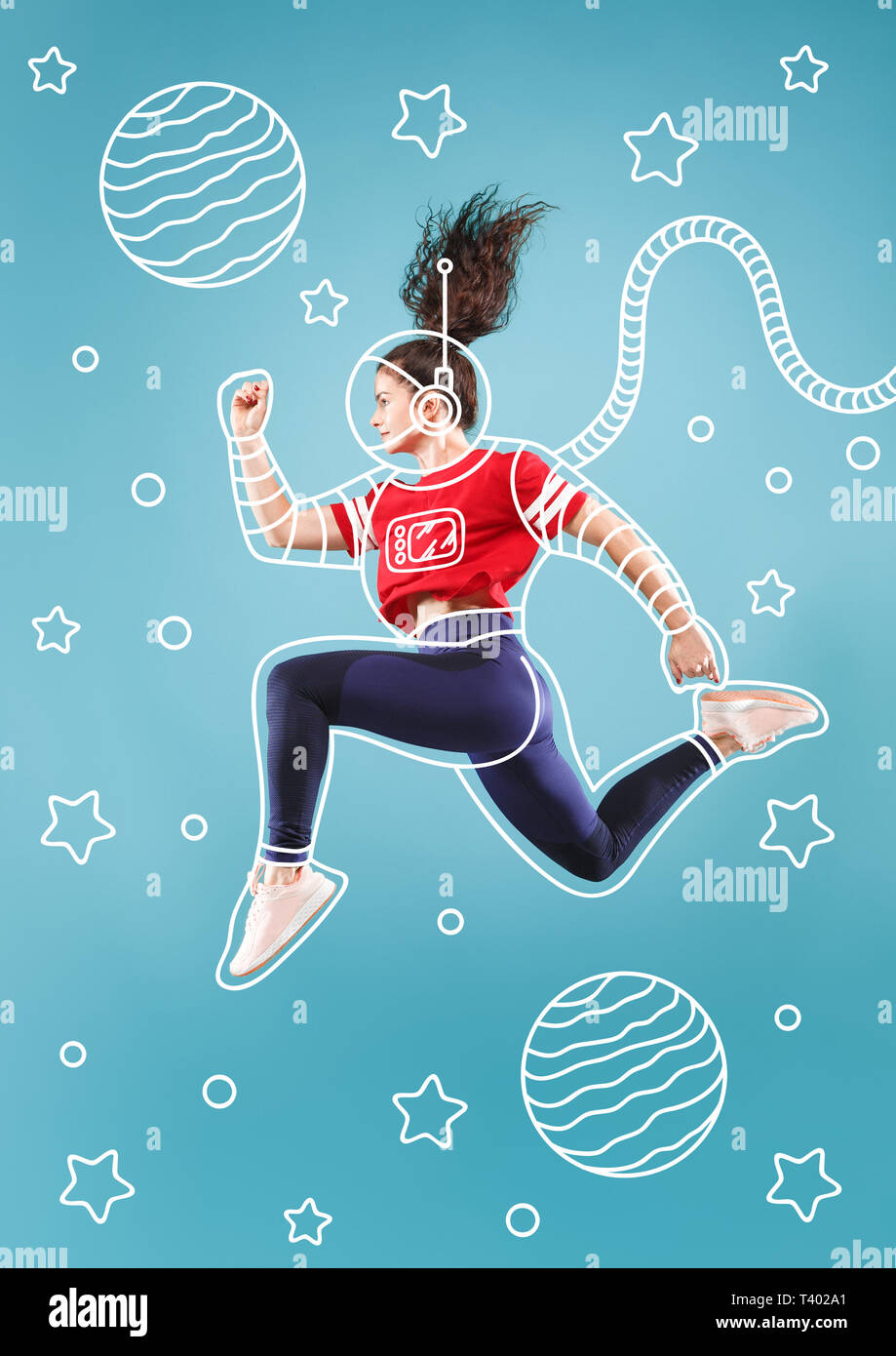 Zero gravity in outter space. Dreaming about cosmonaut profession or ...