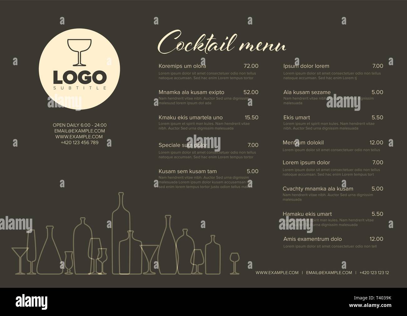 Modern dark brown minimalistic cocktail menu template with two columns ...
