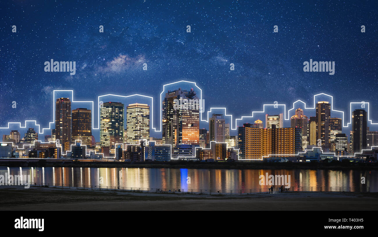 Smart city and smart building technology. Buildings in the city at ...